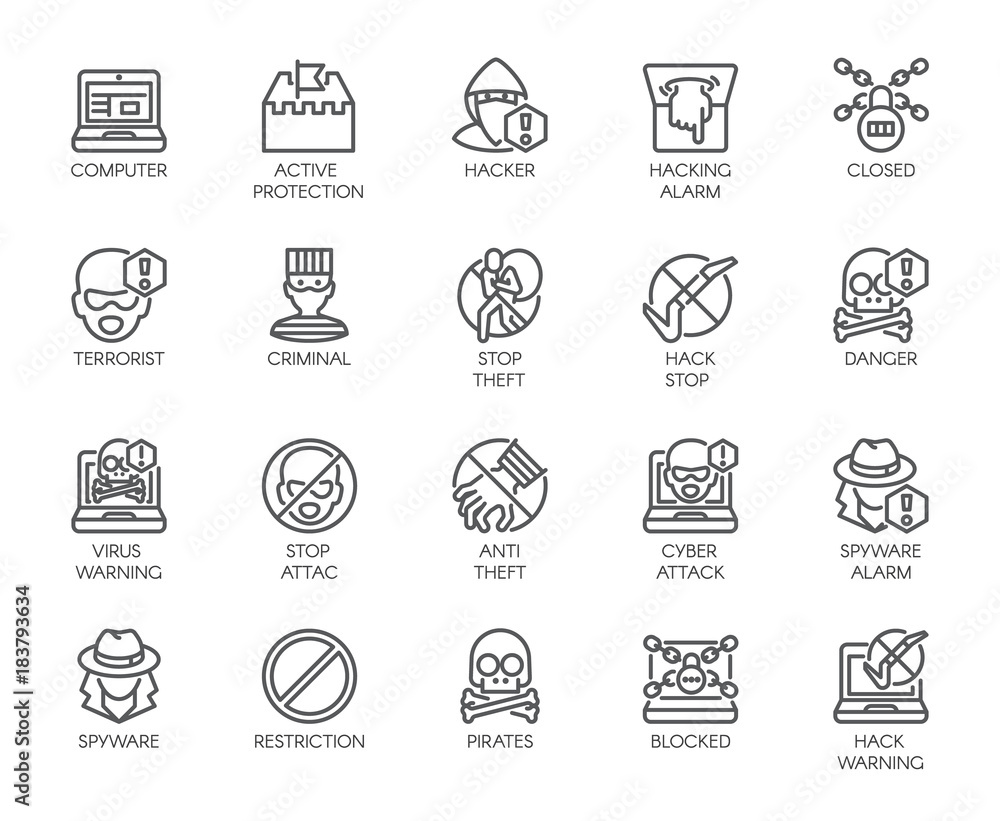 Linear icons of virtual protection, cyberattacks, computer viruses ...