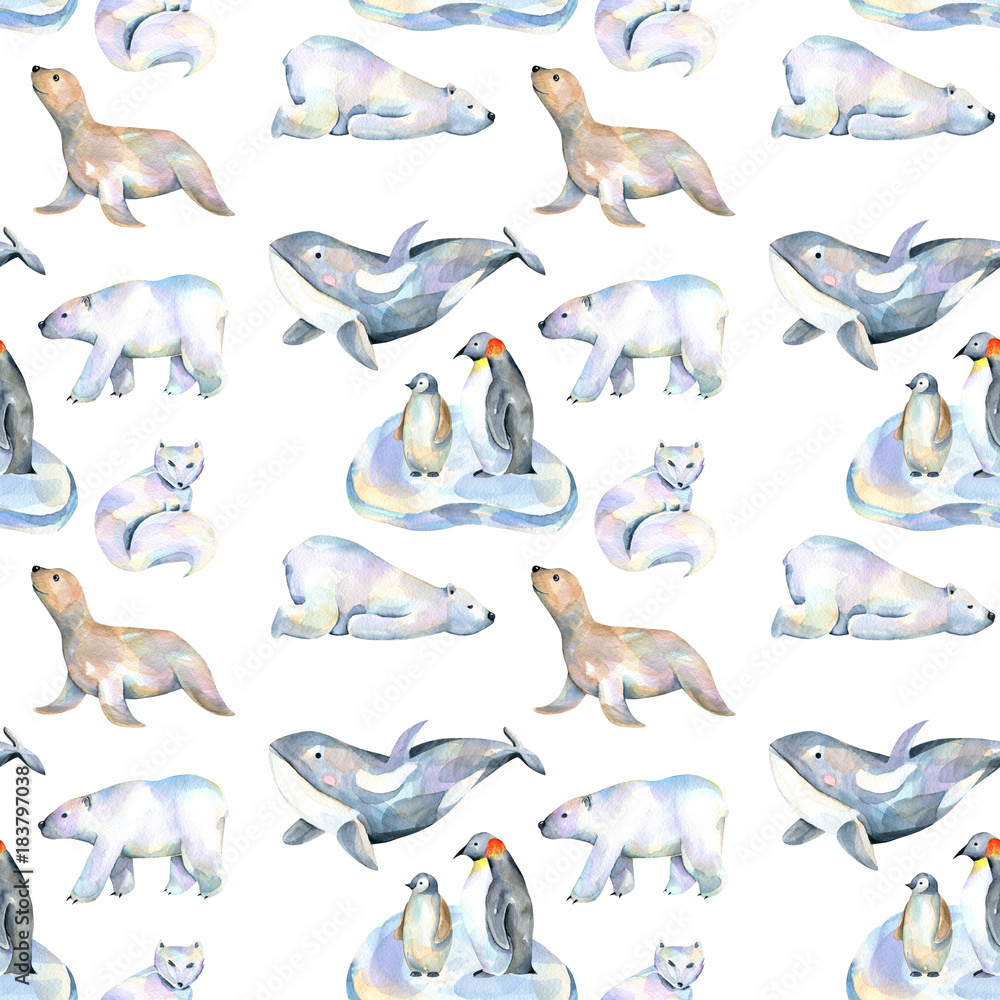 Watercolor cute polar animals illustrations seamless pattern, hand ...