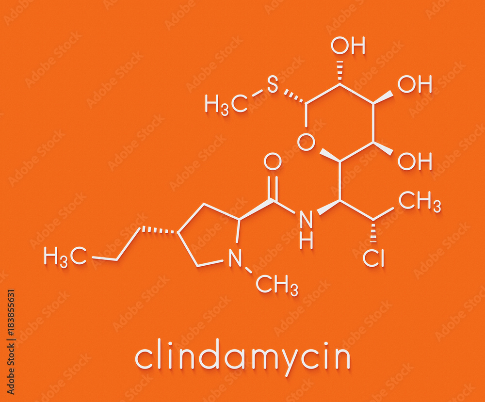 Clindamycin antibiotic drug (lincosamide class) molecule. Skeletal ...