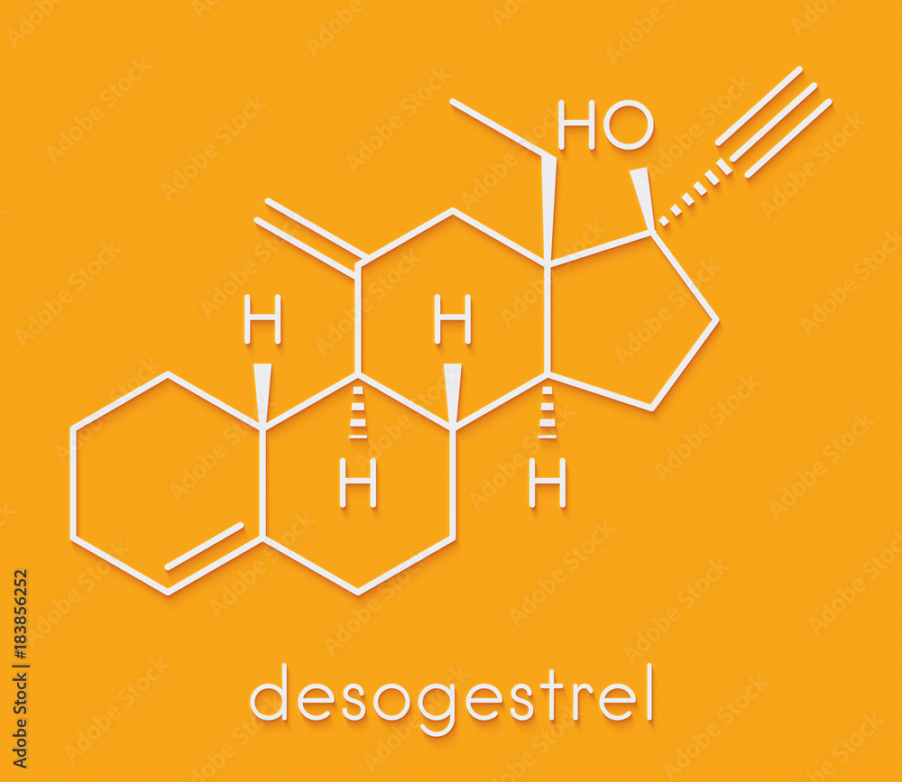 Desogestrel birth control pill drug molecule. Skeletal formula. Stock ...