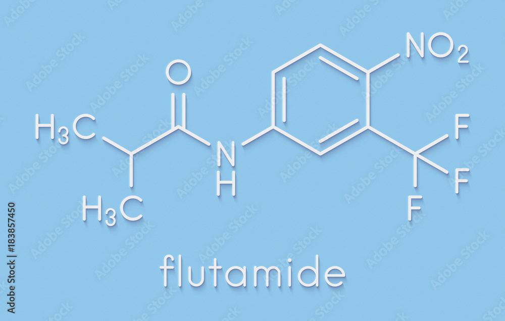 Flutamide prostate cancer drug (anti-androgen) molecule. Skeletal ...