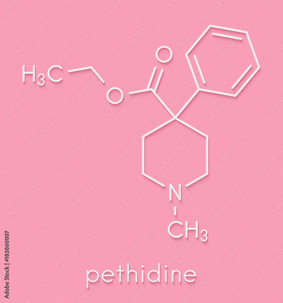 Pethidine opioid analgesic drug molecule. Skeletal formula. Stock ...