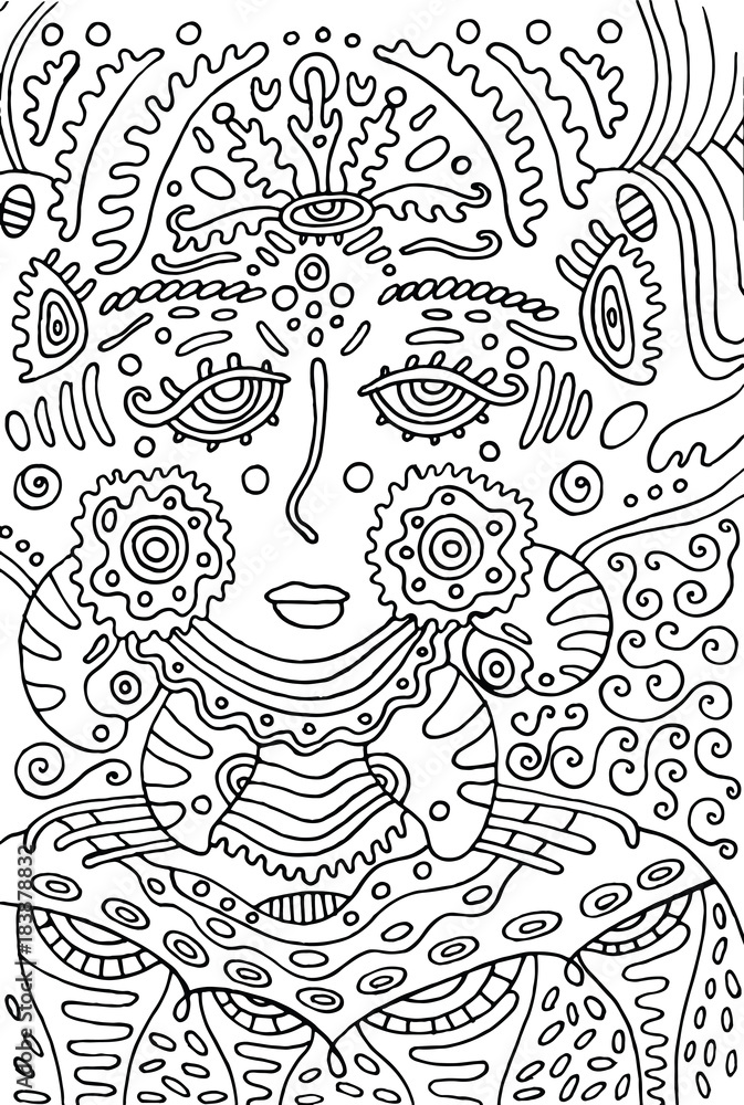 Alien goddess girl. Doodle coloring page for adults. Vector ...