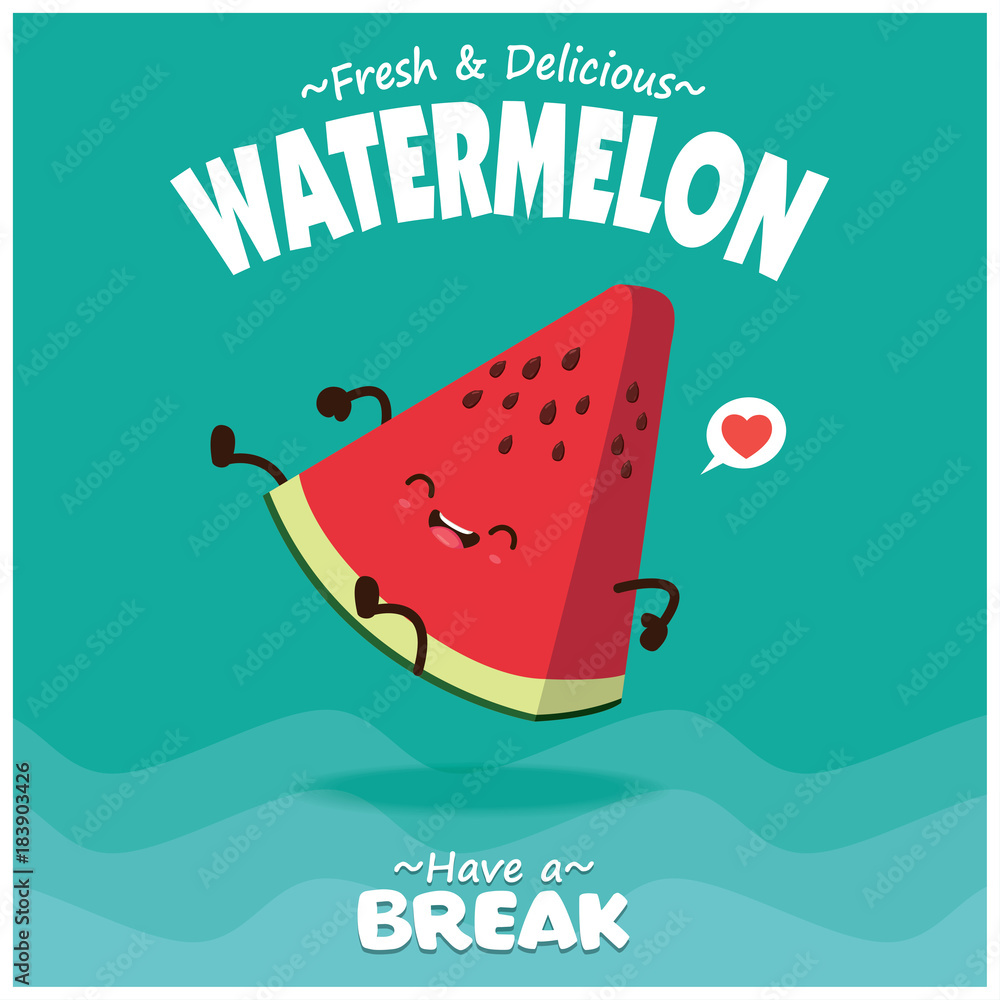 Vintage fruit poster design with vector watermelon character. Stock ...