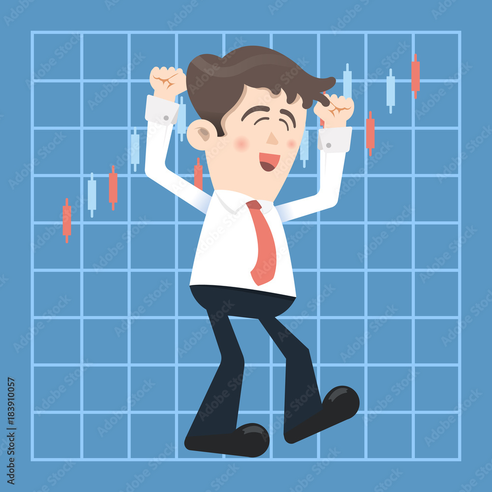 Successful businessman young trader with hands raised on background of ...