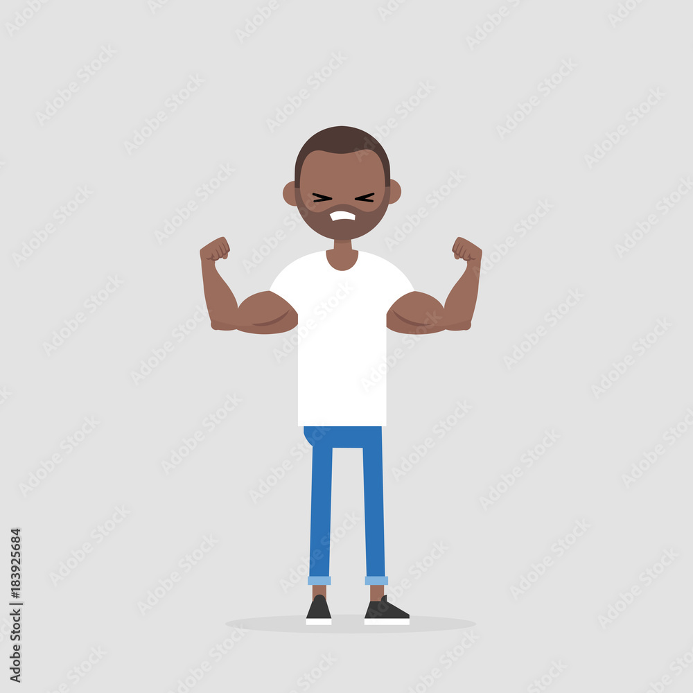 Young black guy demonstrating his strength / editable flat vector ...