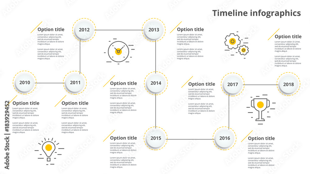 Linear business timeline workflow infographics. Corporate milestones ...
