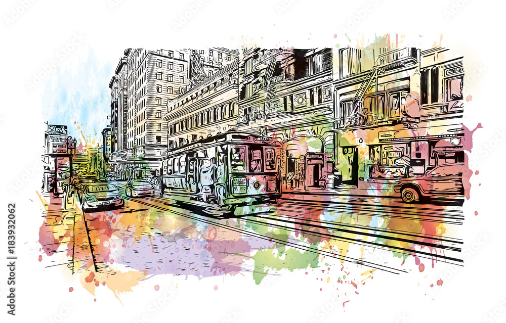 Watercolor splash with sketch of Street view San Francisco, California ...