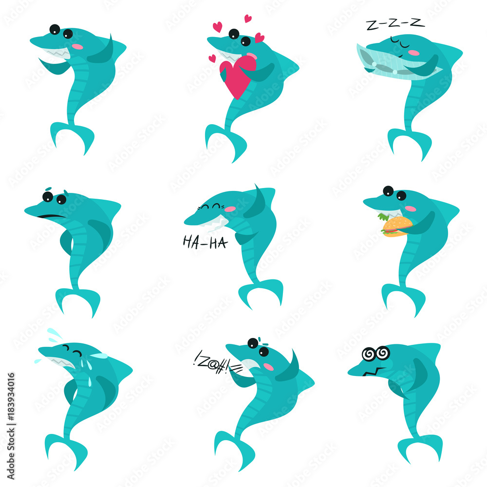 Cute sharks cartoon characters set, funny fish in different poses ...