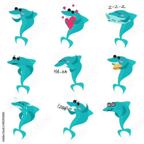 Cute sharks cartoon characters set, funny fish in different poses ...