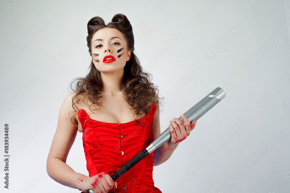 Charming lady in war paint, girl power. Babe with a bat is serious ...