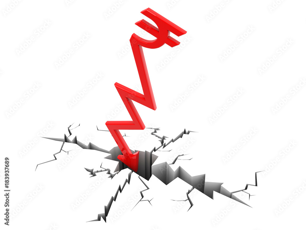 Red Indian Rupee Symbol Down to Ground, Falling red arrow with symbol ...