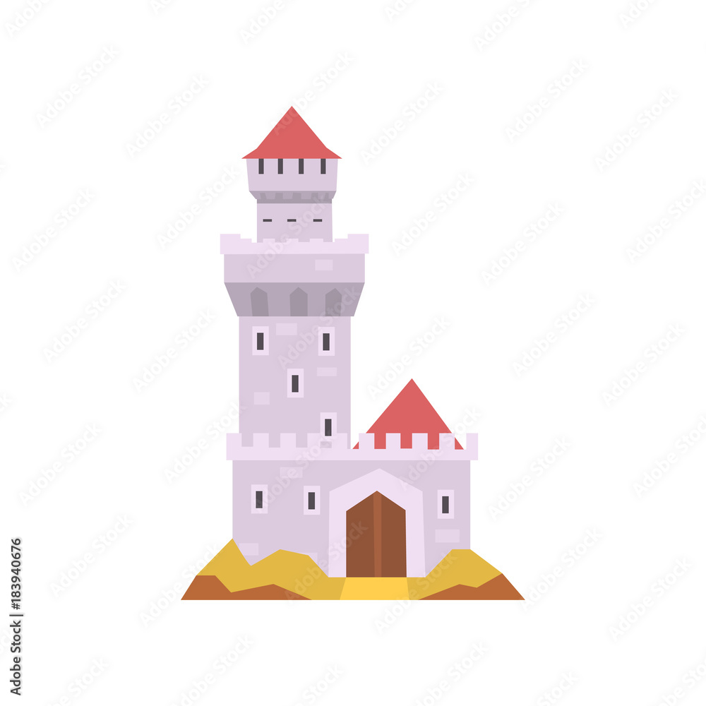 Fairy-tale castle isolated on white. Stone fort with tower, wooden gate ...