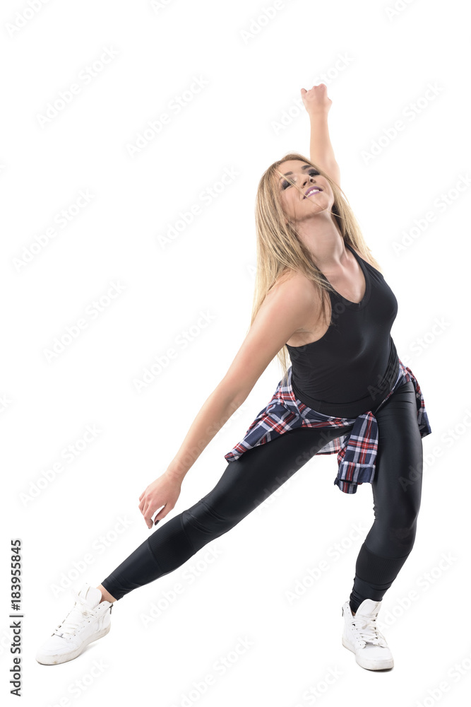 Graceful elegant flexible bent woman dancer dancing aerobics workout ...