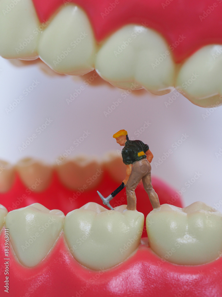 Miniature worker on plastic teeth of removable denture. Dental health ...