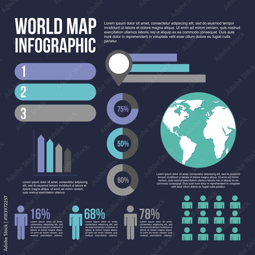 World map infographic with population diagram chart vector illustration ...