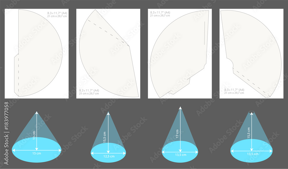 Set of printable party hats. Vector cones template to head for a ...