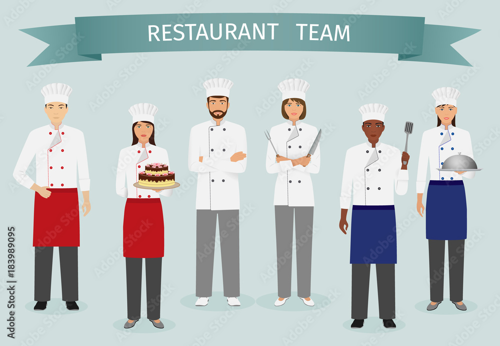 Restaurant team concept. Group of characters standing together. Chef ...