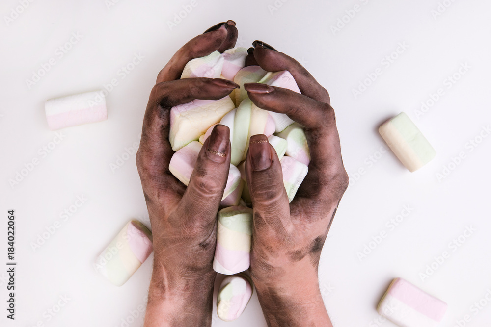 Food Poisoning And Poor Hand Hygiene Dirty Hands Holding Marshmallows
