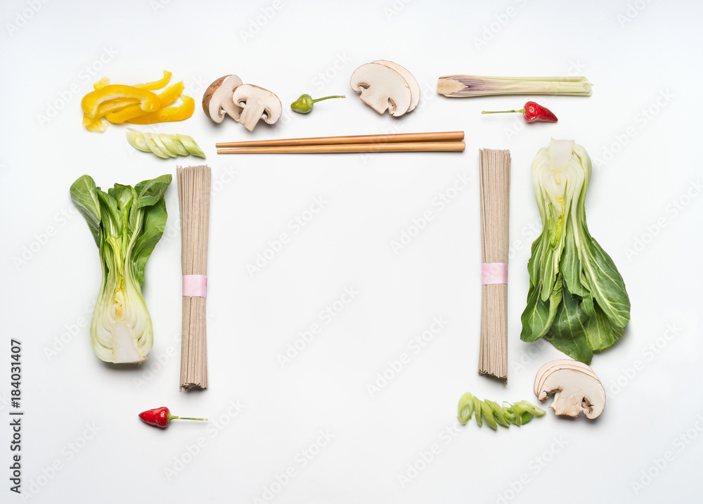 Asian food creative layout frame on white desk background, top view ...