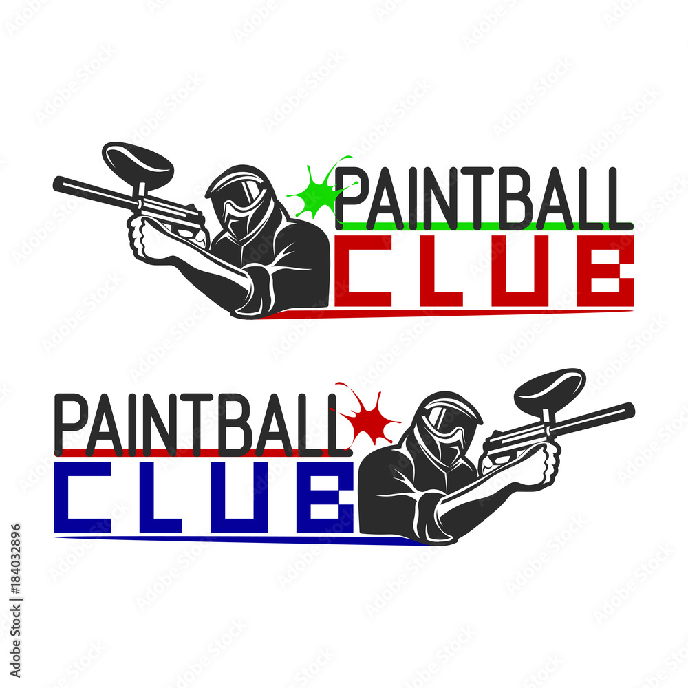 Set of monochrome paintball logos, emblems and icons. Indoor and ...