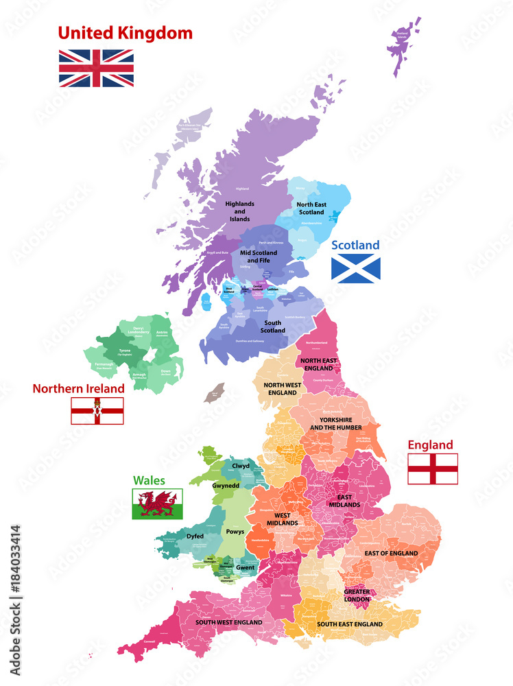 vector map of United Kingdom colored by countries, counties and regions ...