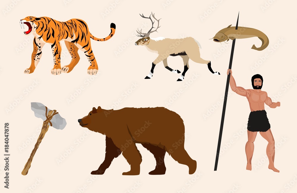 Stone age man and ice age animals, vector set Stock Vector | Adobe Stock