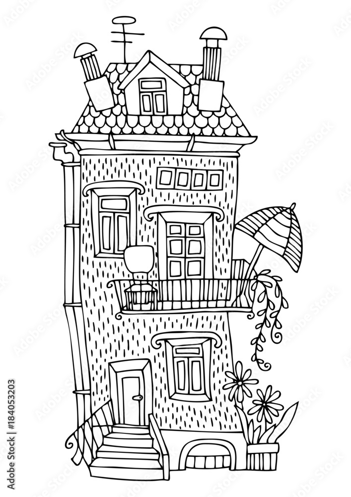 Fairytale house with a terrace and sunshade. Hand drawn picture. Sketch ...