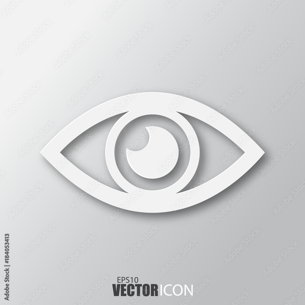 Eye icon in white style with shadow isolated on grey background. Stock ...