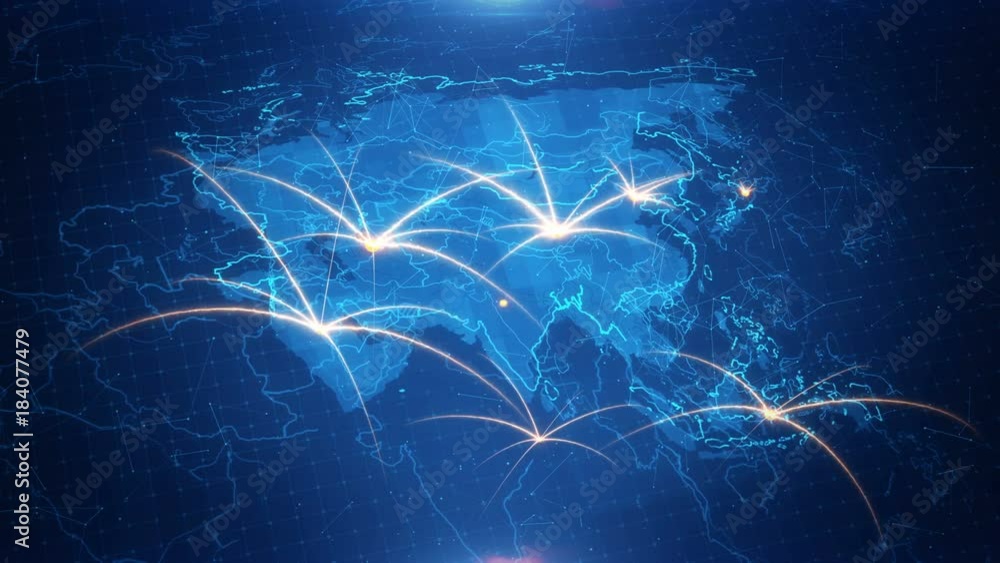 Asia map with an animation camera, glowing connections in different ...