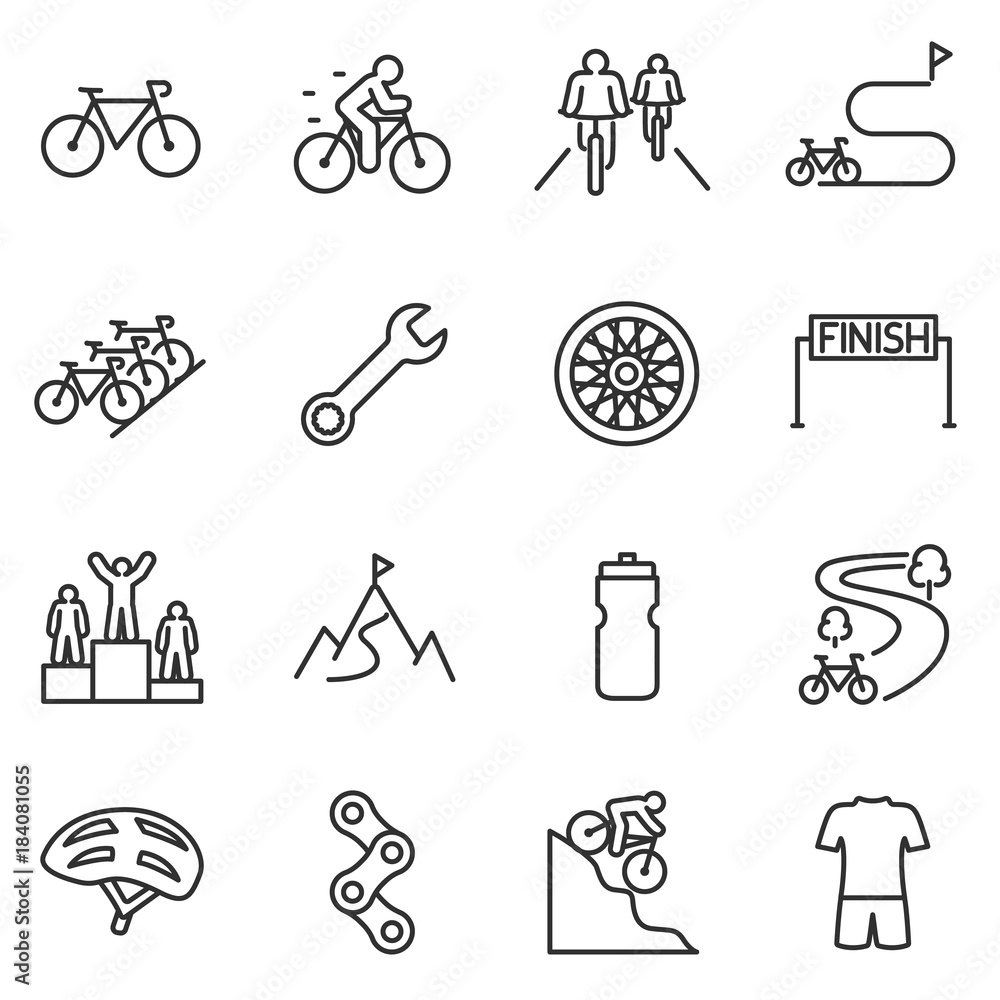 Bicycle riding icon set. cycling linear design. Bike and attributes ...