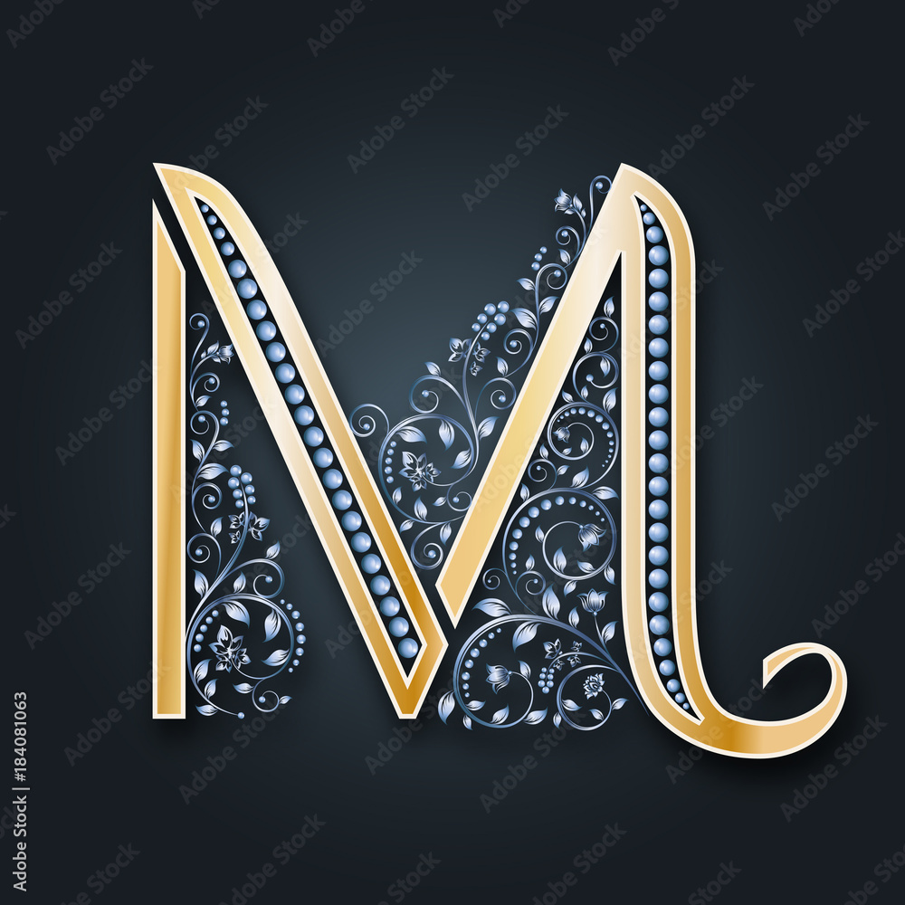 Vector letter M. Golden alphabet on a dark background. A graceful ...