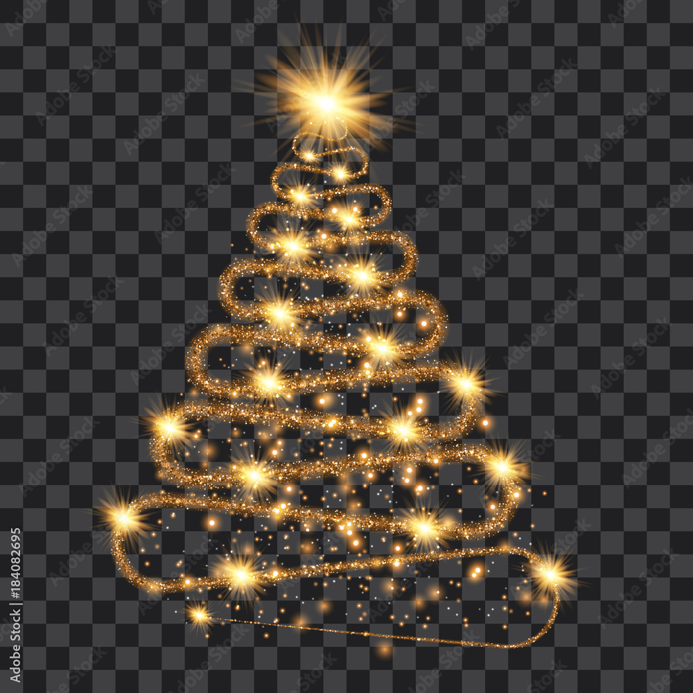 Golden particle wave in form of christmas tree with bright shining and ...