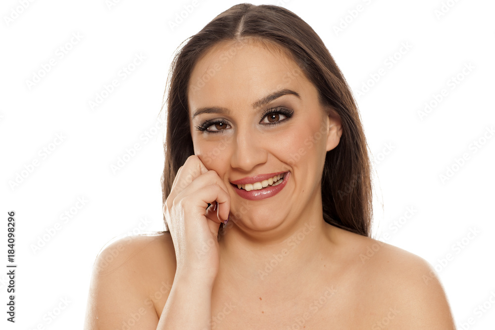 young silly woman make stupid faces on white background Stock Photo ...