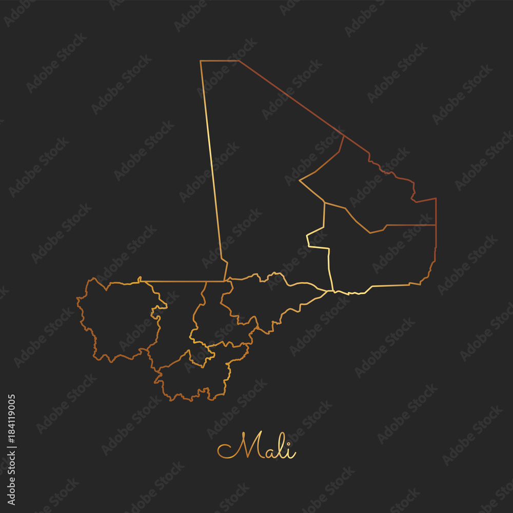 Mali region map: golden gradient outline on dark background. Detailed map of Mali regions ...