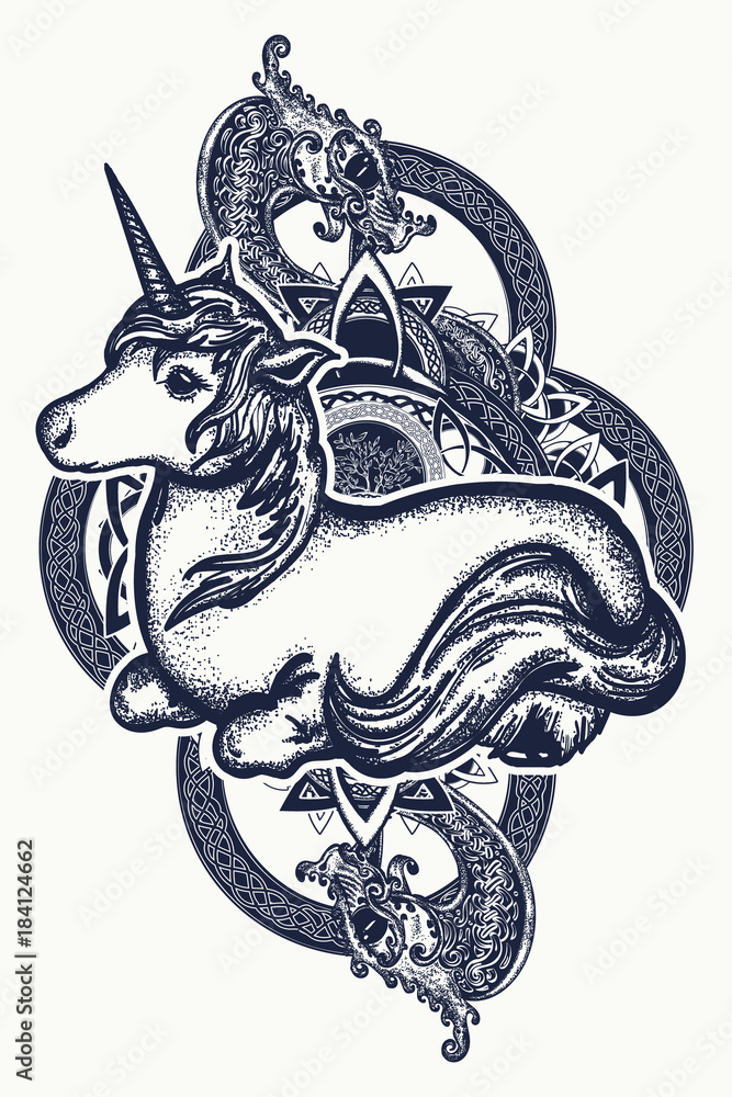 Unicorn and dragon tattoo art. Symbol of dreams, tales, fantasies ...