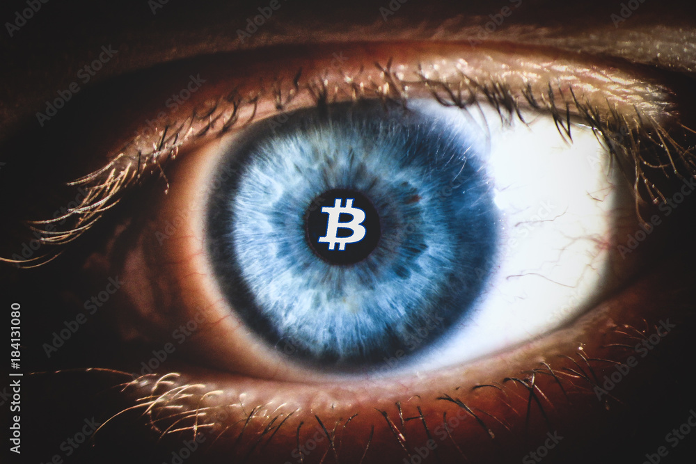 An enlarged image of eye with a blue iris, eyelashes and sclera ...