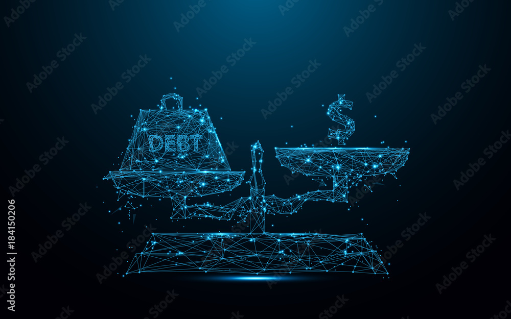 Abstract debt weight and money symbols on scale icon from lines and ...