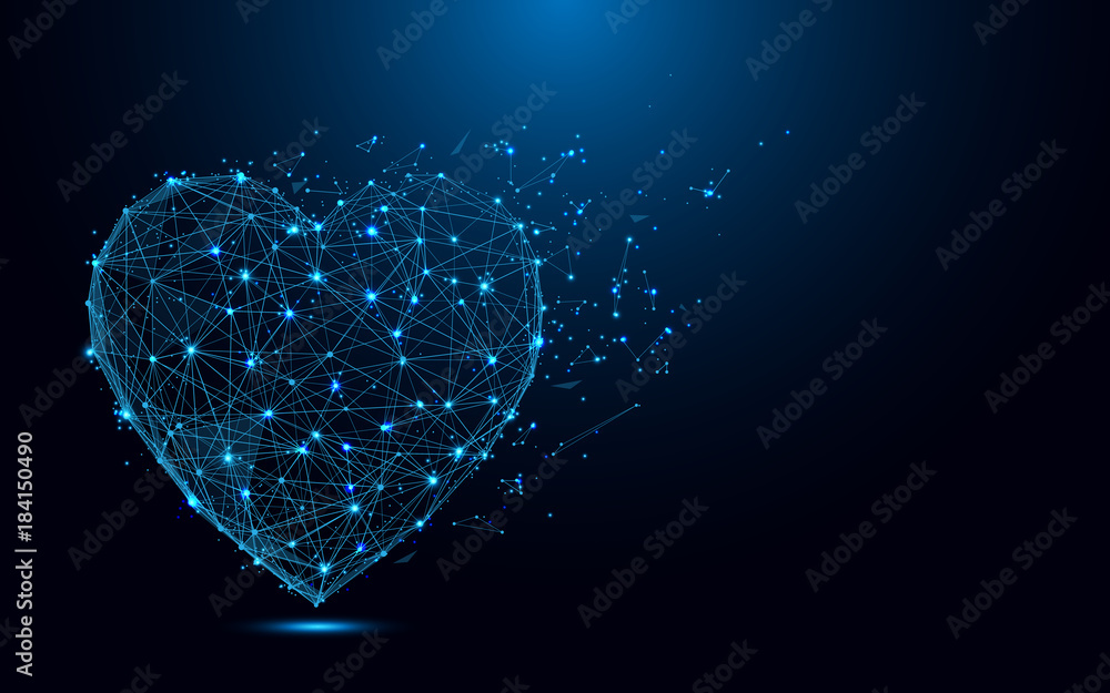 Abstract Heart icon from lines and triangles, point connecting network ...