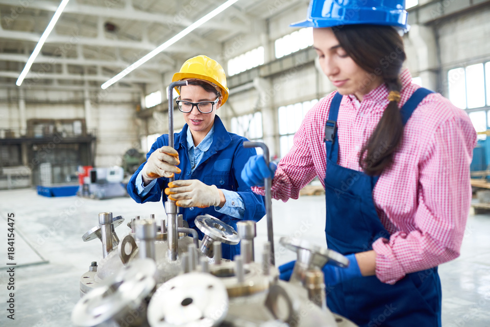 Teamwork at full speed: pretty factory workers wearing overalls and ...