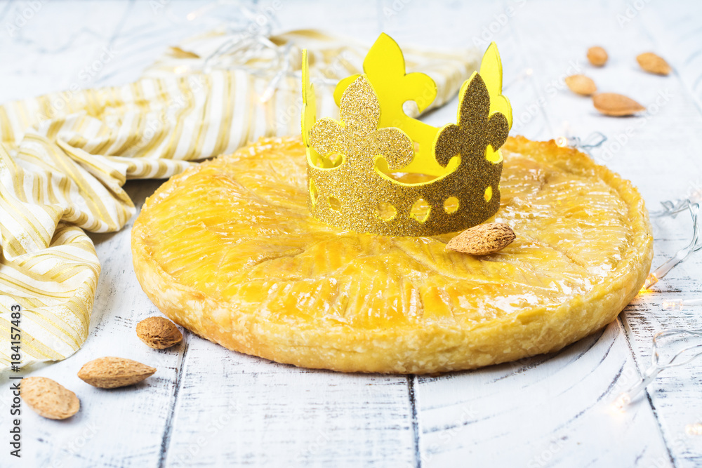 Homemade Galette des Rois cake with handmade kings crown. Traditional ...