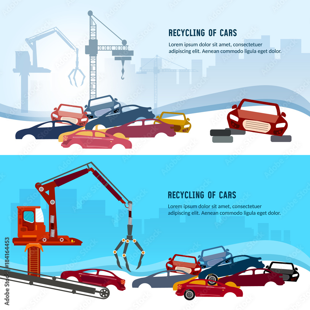 Car scrap metal dump vector. Recycling industrial factory. Industrial ...
