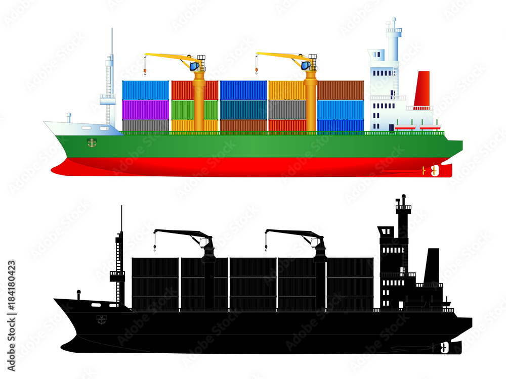 Container ship side view, with silhouette, vector isolated Stock Vector ...