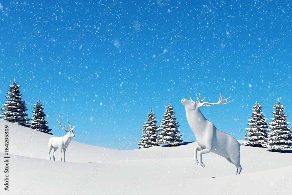 Arctic landscape scene, snow falling on reindeer in snowfield in winter ...