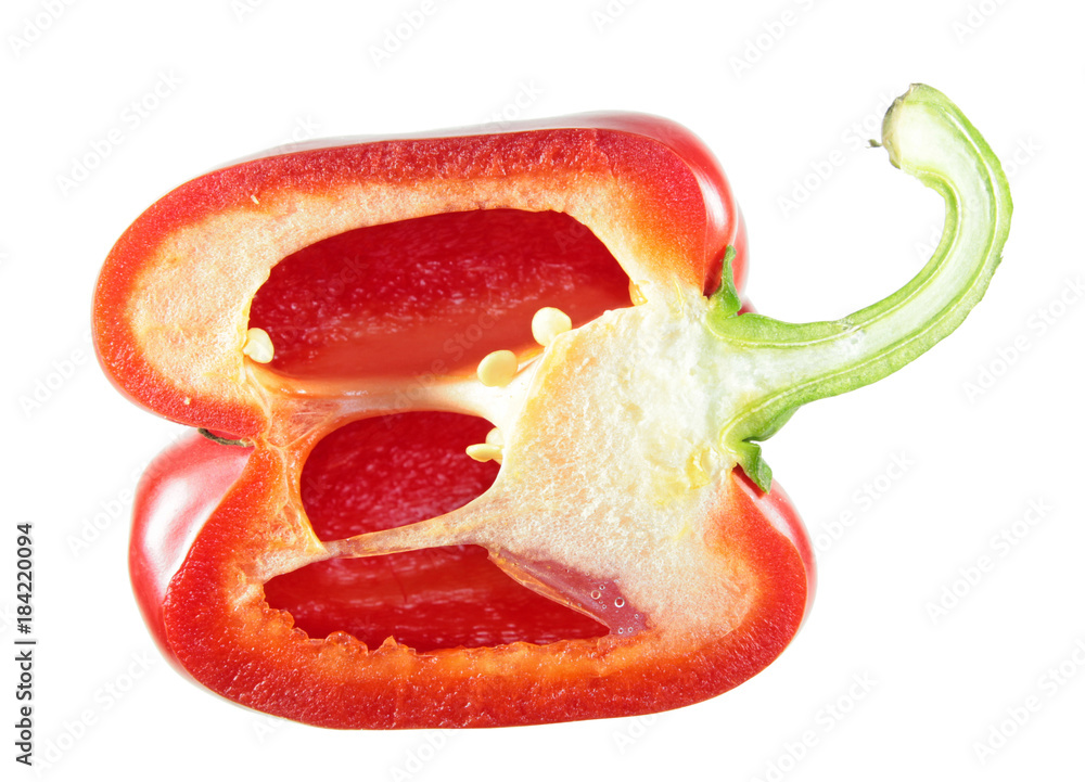 Red sweet pepper cut in half inside longitudinal section isolated on ...