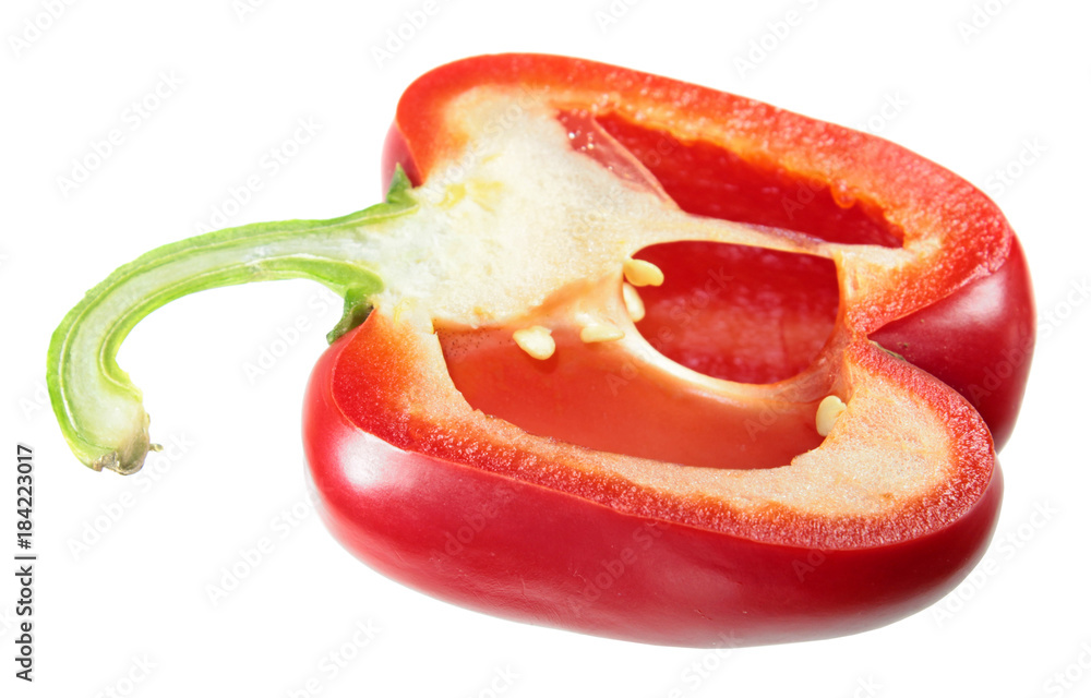 Red sweet pepper cut in half inside longitudinal section isolated on ...