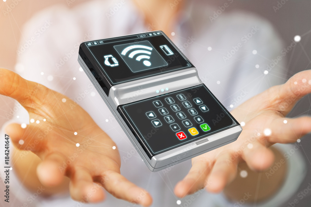 Businesswoman using contactless terminal payment 3D rendering Stock ...