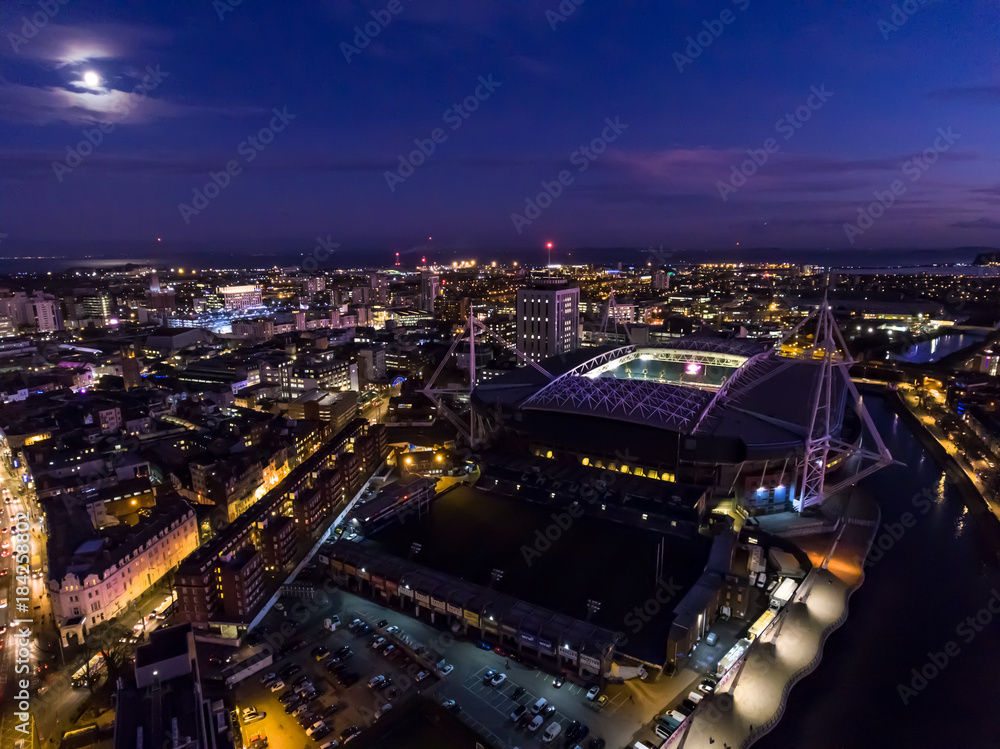 Aerial view of Cardiff city centre and the bay area at night. Stock ...