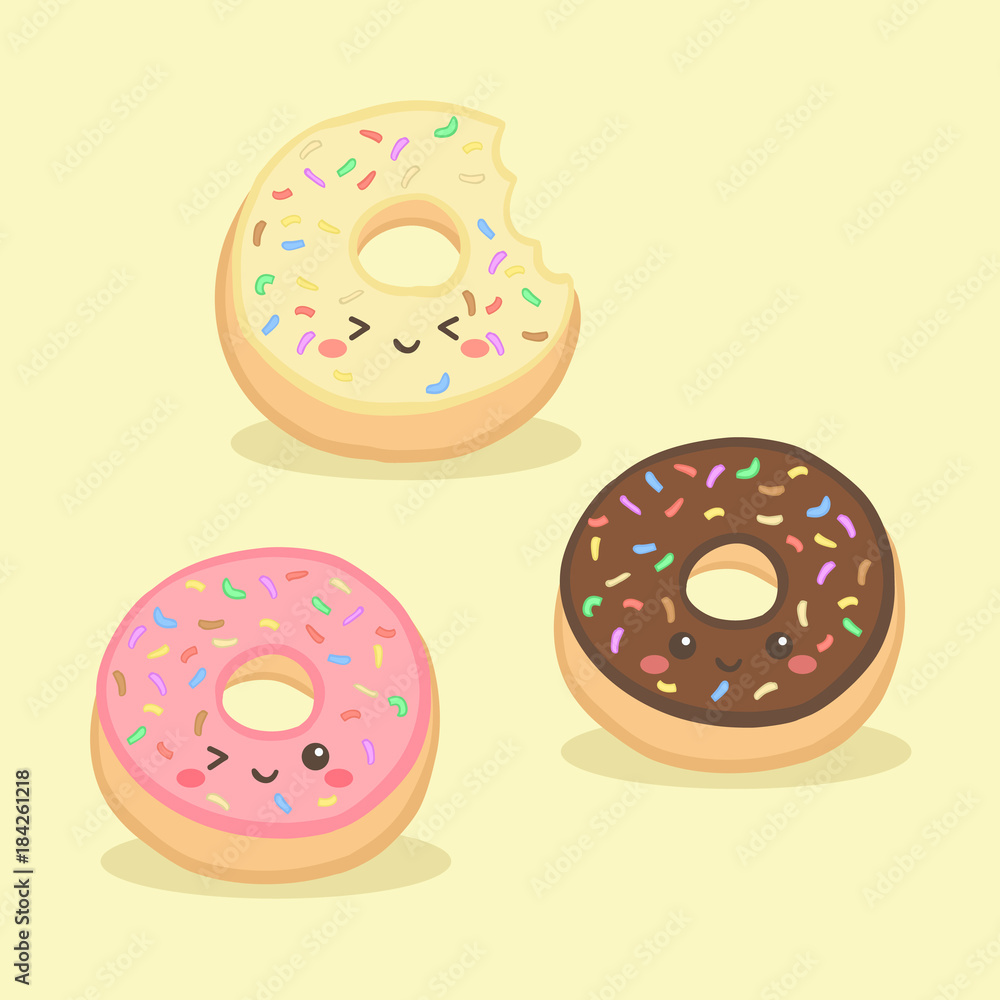 Cute Donuts Doughnut Food Vanilla Chocolate Strawberry Topping Vector ...