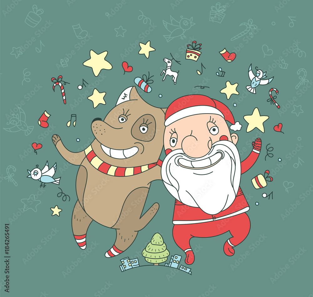 Festive vector illustration of a smiling dog and Santa dancing over a ...